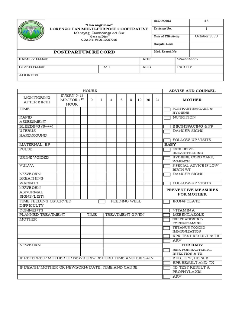 Postpartum Record Form Template | PDF