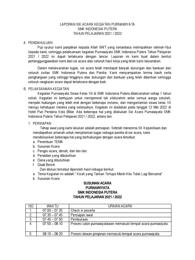 Laporan Sie Acara Kegiatan Purnawiyata | PDF | Art