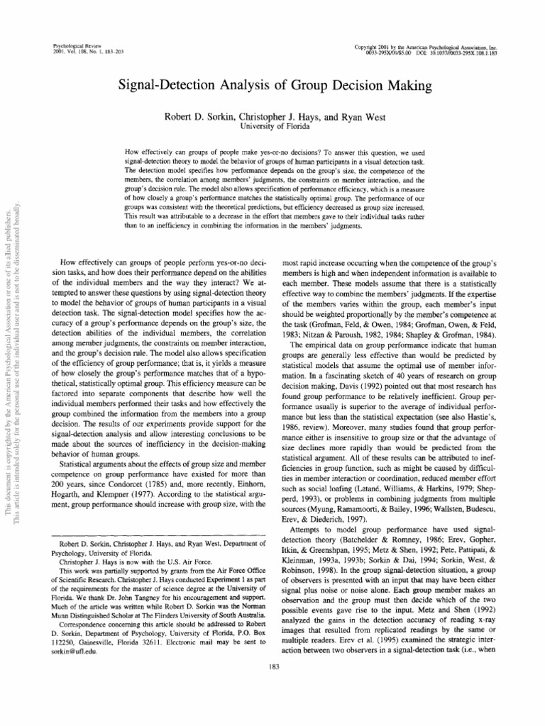 Signal-Detection Analysis of Group Decision Making | PDF | Experiment | Information