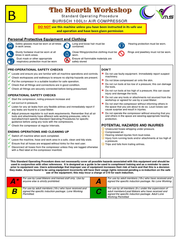 SOP - Burisch 100Ltr Air Compressor | PDF | Personal Protective ...