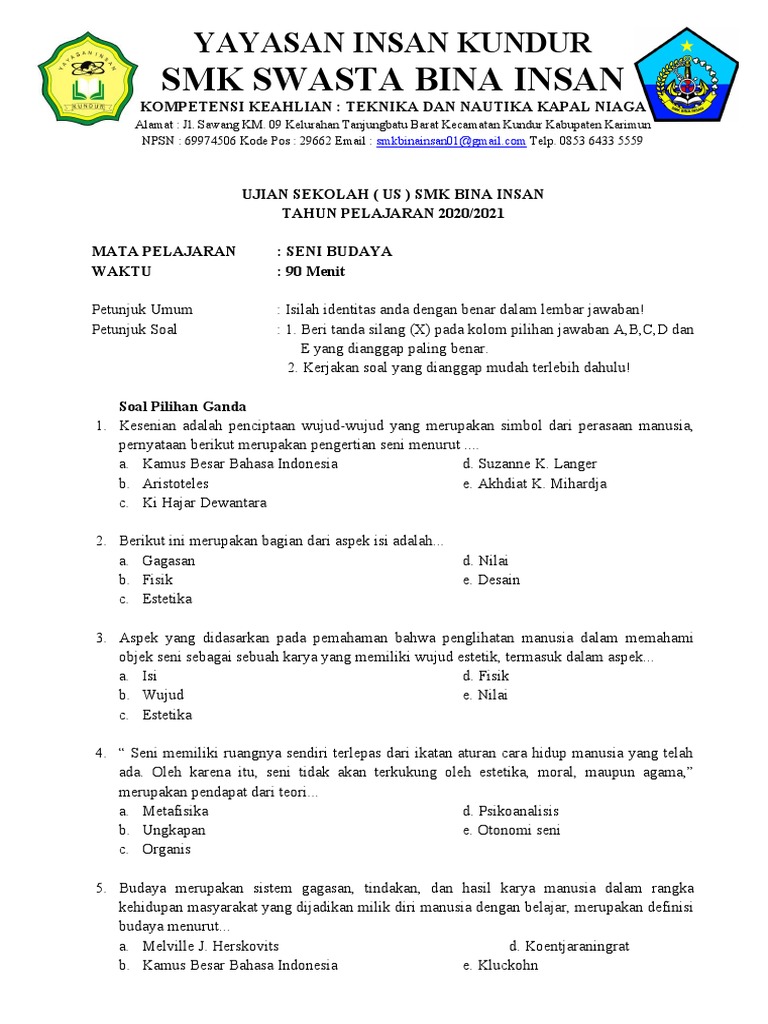 Soal Seni Budaya US 20-21 | PDF | Seni