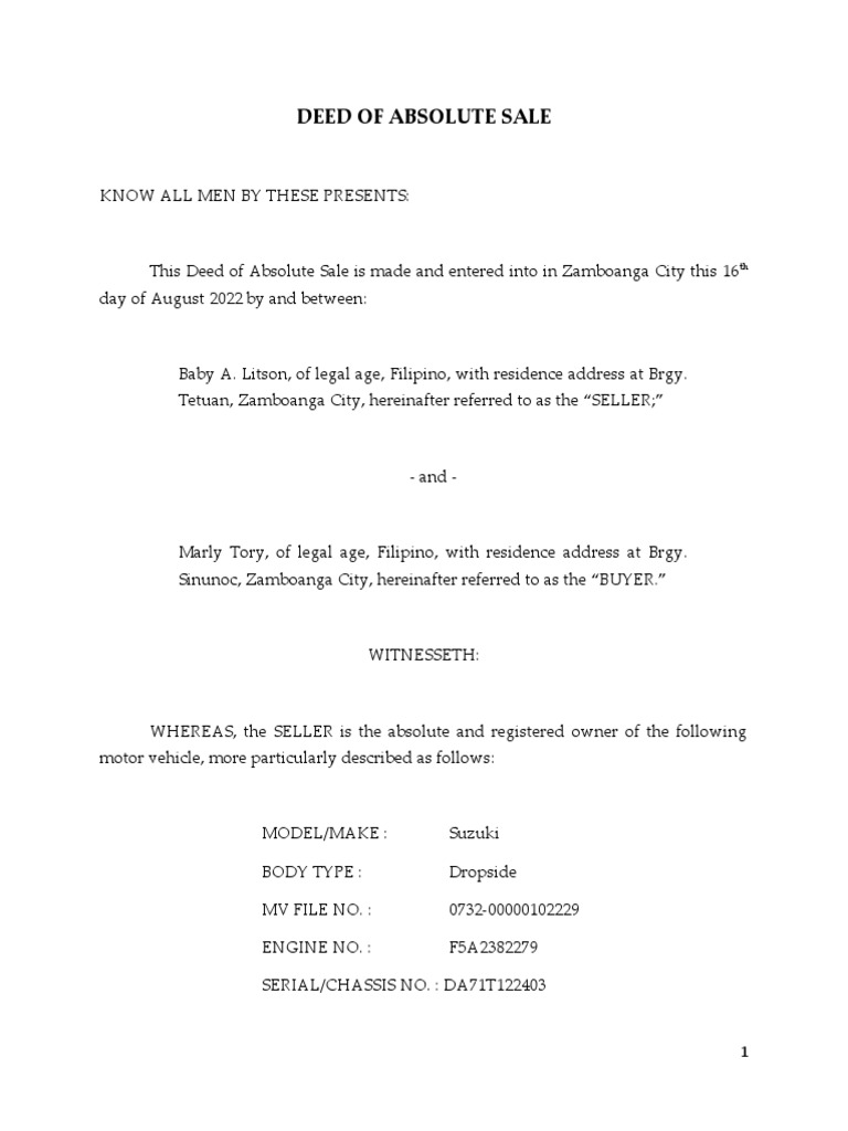 Deed of Sale of Motor Vehicle-Baby and Marly | PDF