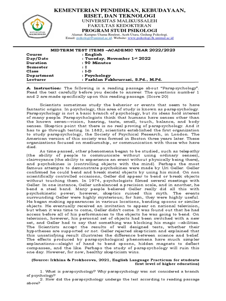 Soal Uts Bahasa Inggris Psikologi 2022-1D | PDF | Parapsychology | Philosophical Theories