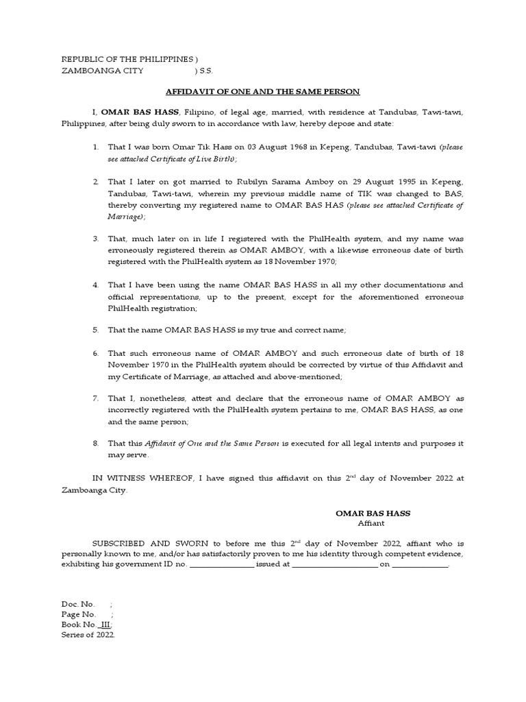 Affidavit One and The Same Person - OMAR BAS HASS | PDF | Affidavit ...