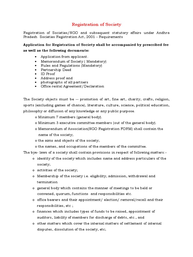 Requirements of Society Registration | PDF