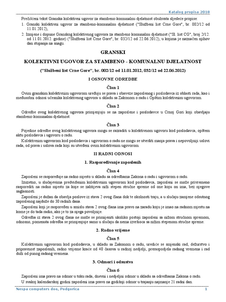 Granski Kolektivni Ugovor Za Stambeno Komunalnu Djelatnost | PDF