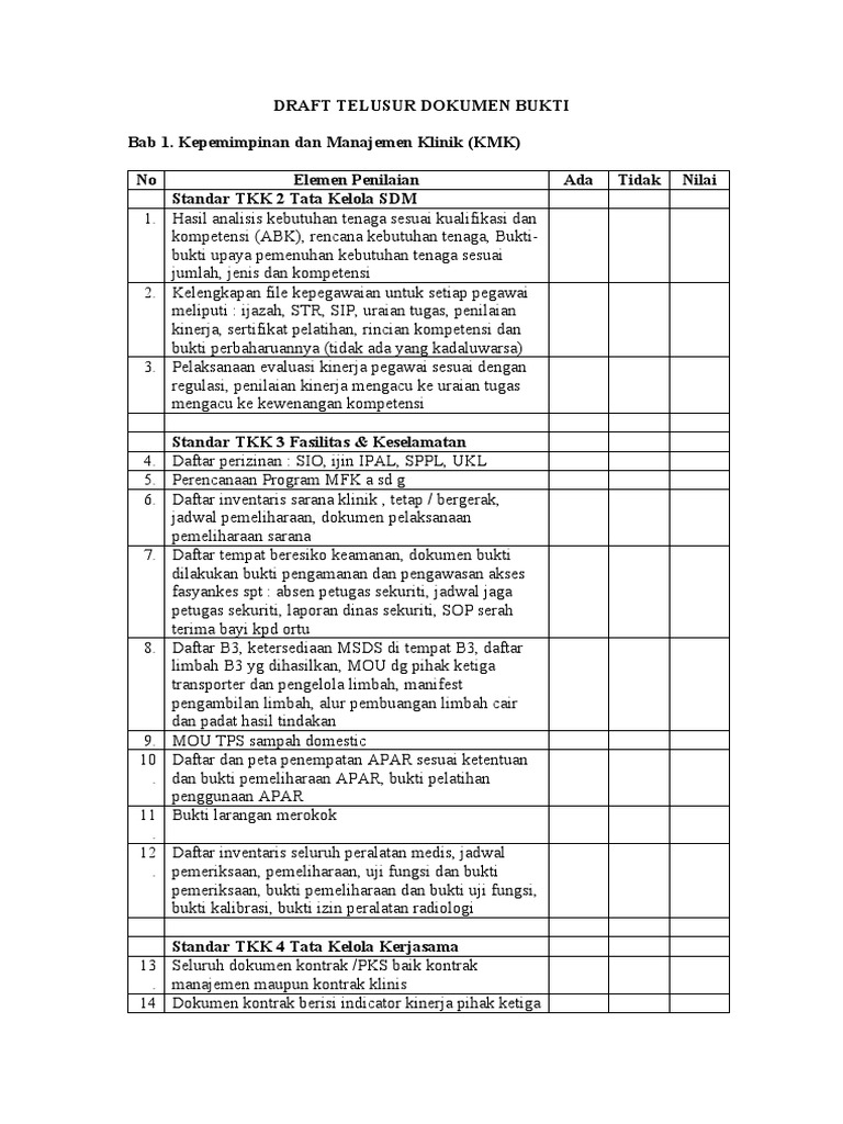Ii Draft Telusur Dokumen Bukti Standar Akreditasi Klinik Versi Revisi