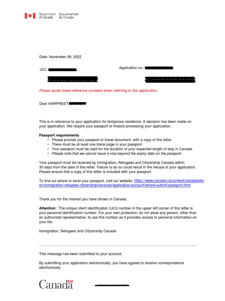 Request for Passport Submission to Complete Application for Temporary ...