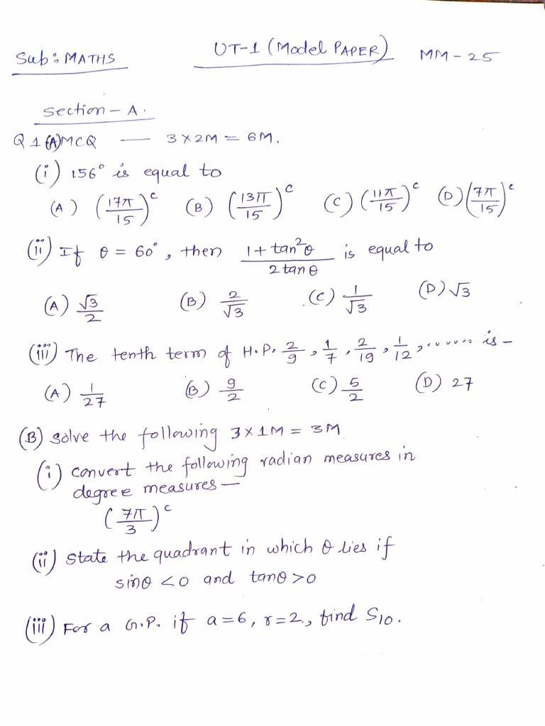 Maths Model Paper UT-1 & Extra Question | PDF
