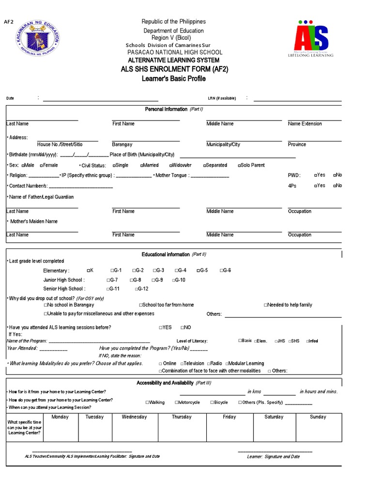 Als SHS Af2 Enrollment Form | PDF
