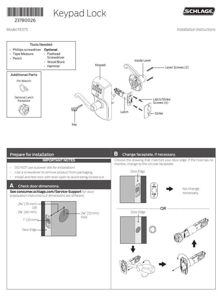 SCHLAGE FE595 CAM 716 ACC Camelot Keypad Entry | PDF | Door