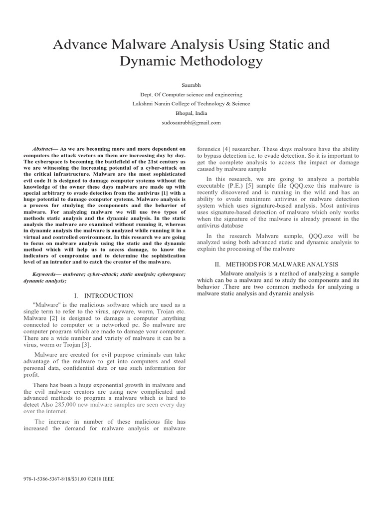 Advance Malware Analysis Using Static and Dynamic Methodology | PDF