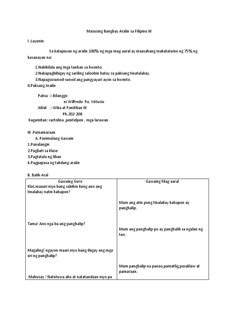 Masusing Banghay Aralin Sa Filipino III Ni Sarah | PDF