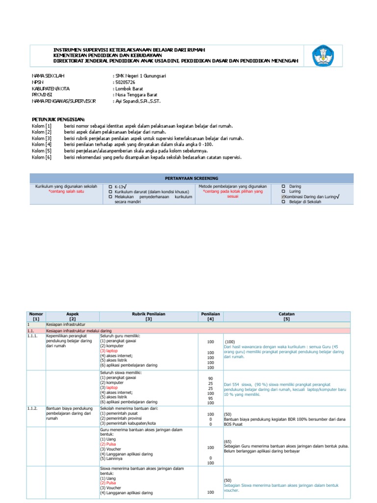 Contoh Pengisian Instrumen Supervisi | PDF