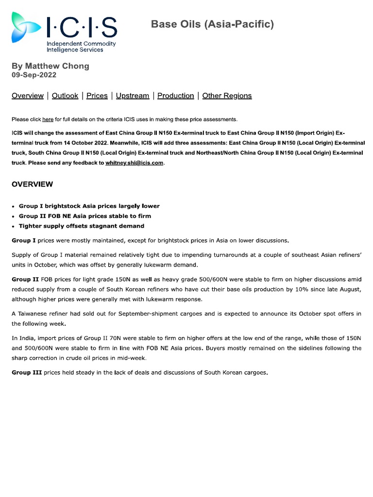 ICIS Base Oils Asia-Pacific - Pricing & Insight-09-Sep-2022 | PDF