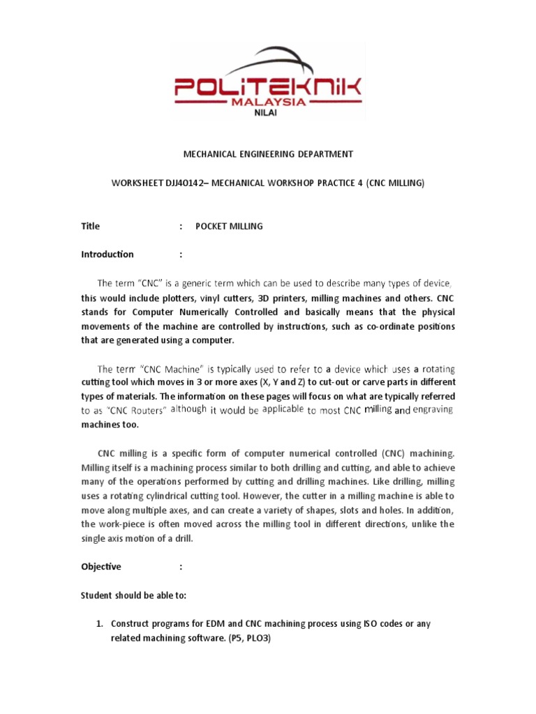 CNC Worksheet - djj40142 Mechanical Workshop Practice 4 | PDF | Numerical Control | Machining