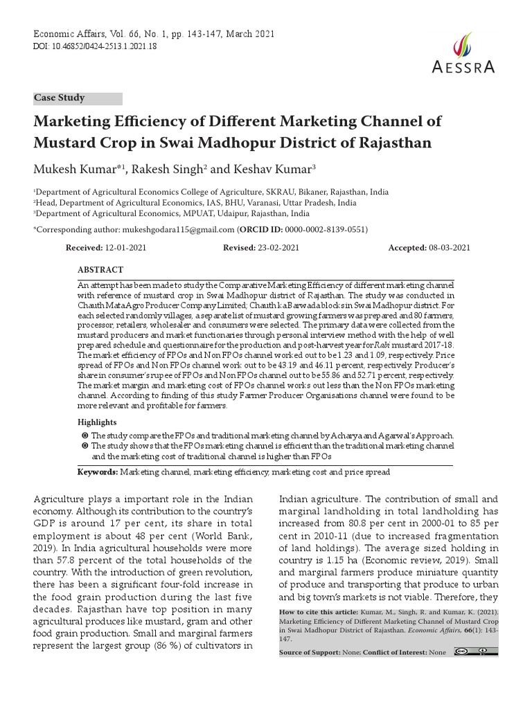 Marketing Efficiency of Different Marketing Channel of Mustard Crop in ...