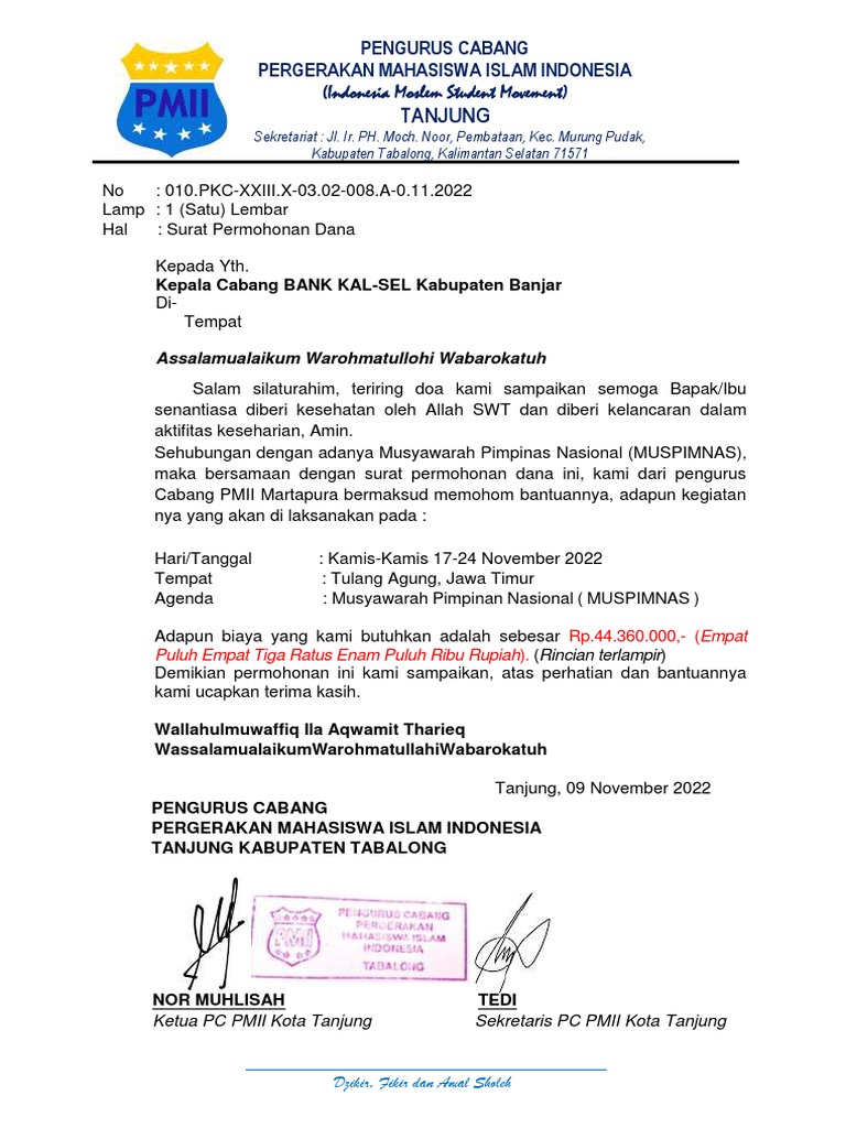 Surat Permohonan Dana Bank Kal-Sel | PDF