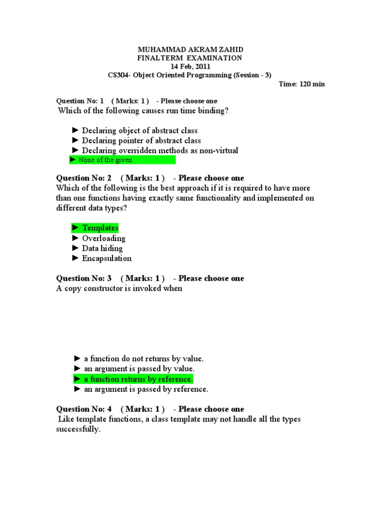 CS304 OOP Final Exam 2011 | PDF | Class (Computer Programming ...