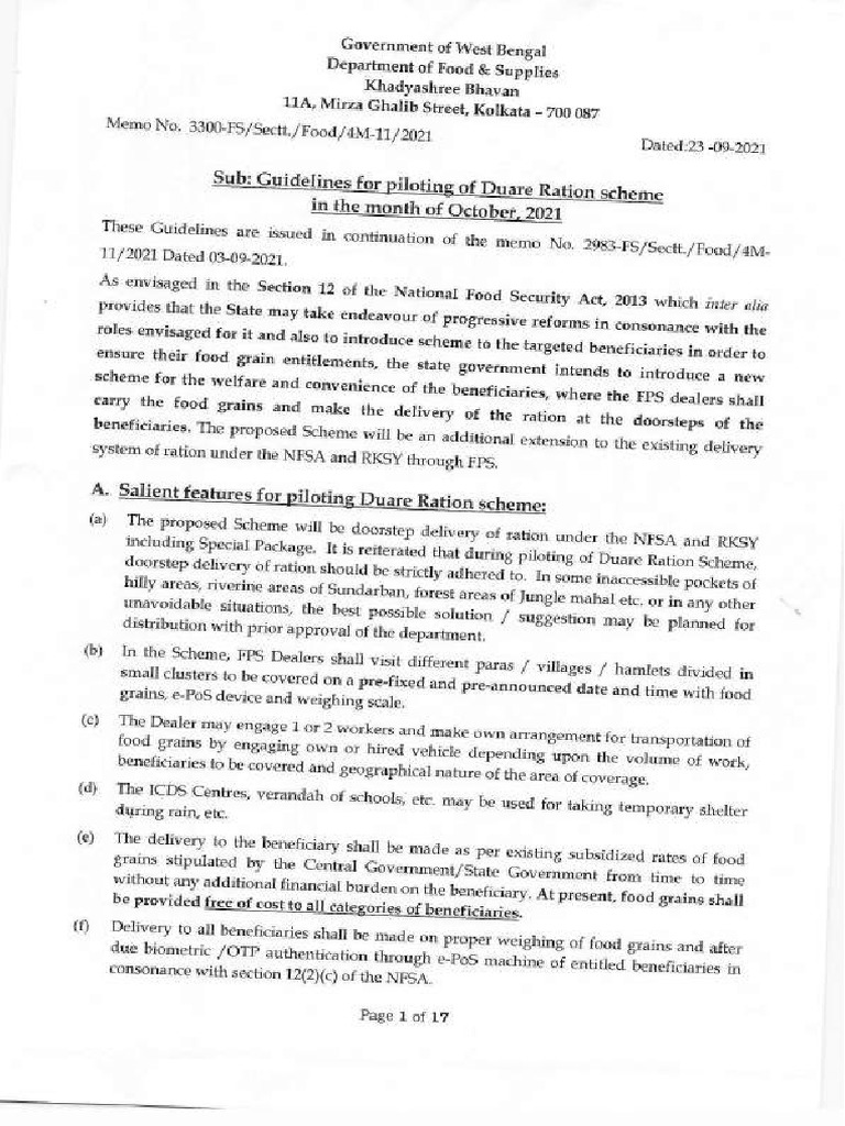 Guidelines For Piloting Duare Ration Scheme 2021 | PDF
