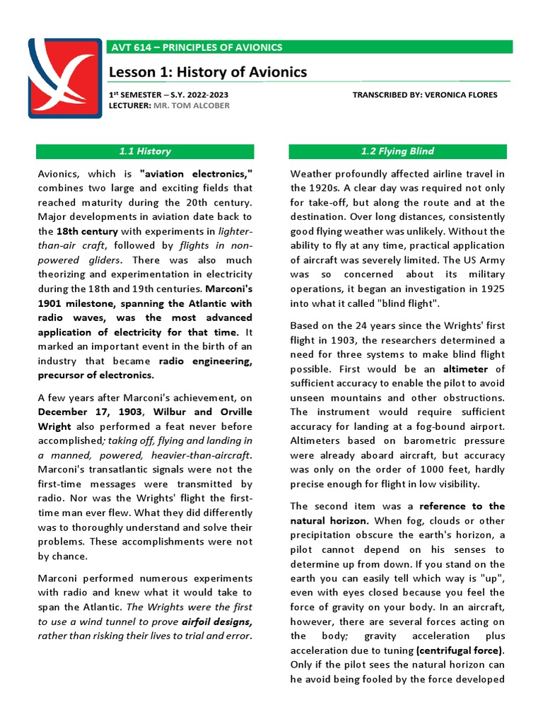 Avt 615 Principles of Avionics History Notes | PDF
