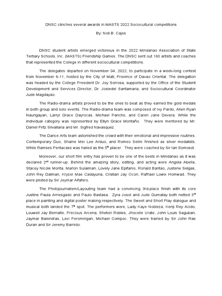 DNSC Clinches Several Awards in MASTS 2022 Sociocultural Competition ...
