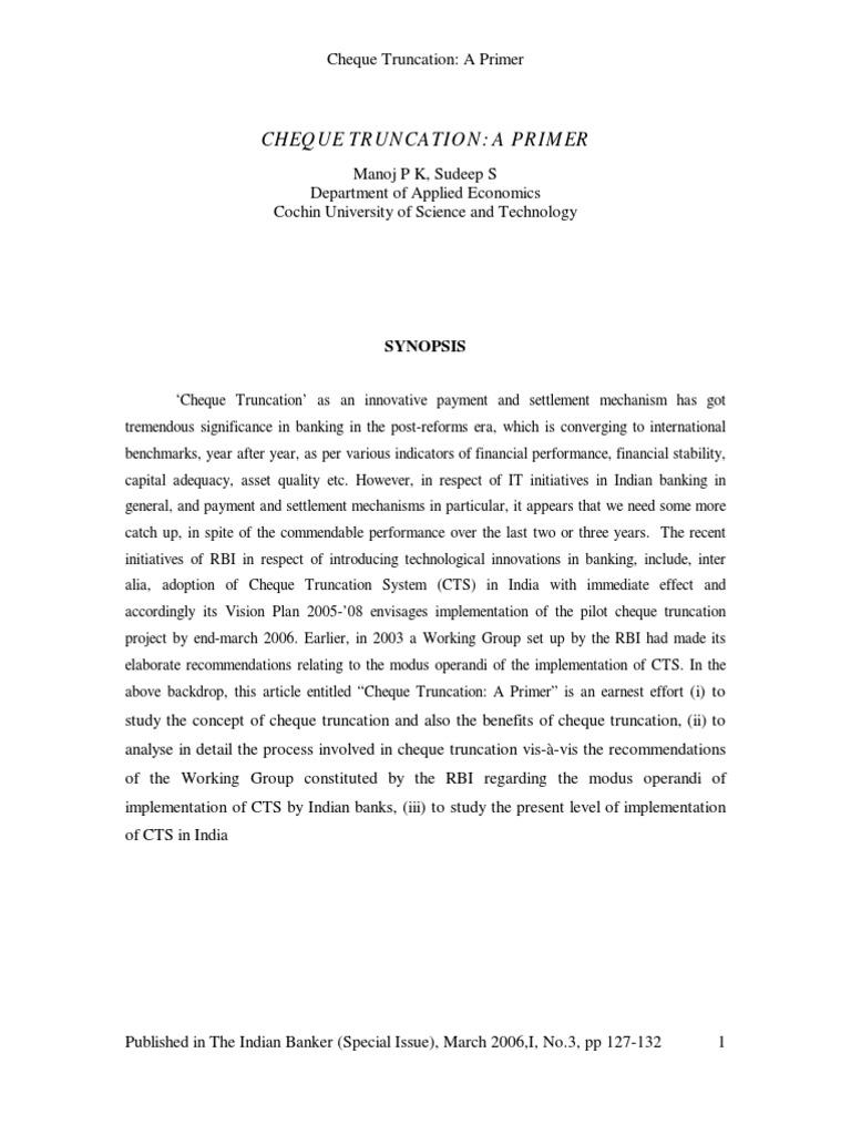 Understanding Cheque Truncation in India | PDF | Cheque | Reserve Bank Of India