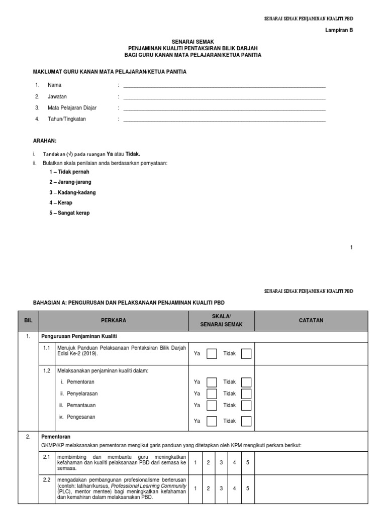 V2MLT Senarai Semak Penjaminan Kualiti PBD Lampiran B | PDF