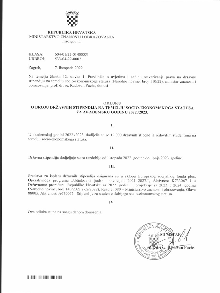 Odluka o Broju Drzavnih Stipendija Na Temelju Socio Ekonomskoga Statusa ...