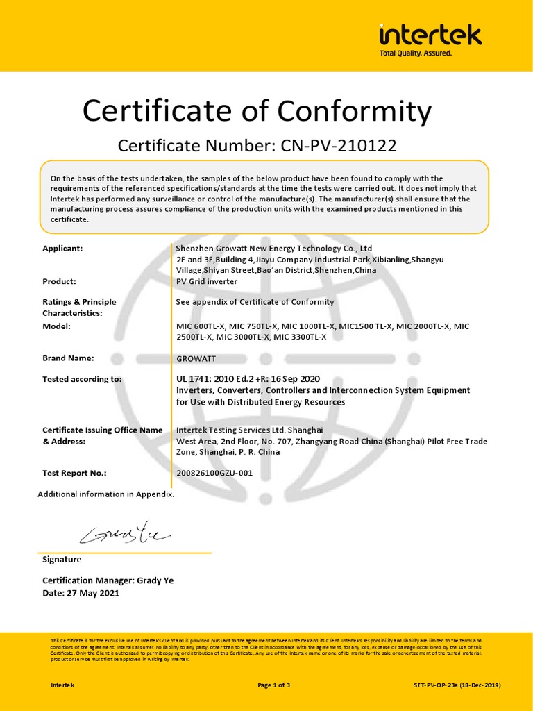Certificate: of Conformity | PDF | Physical Quantities | Electric Power