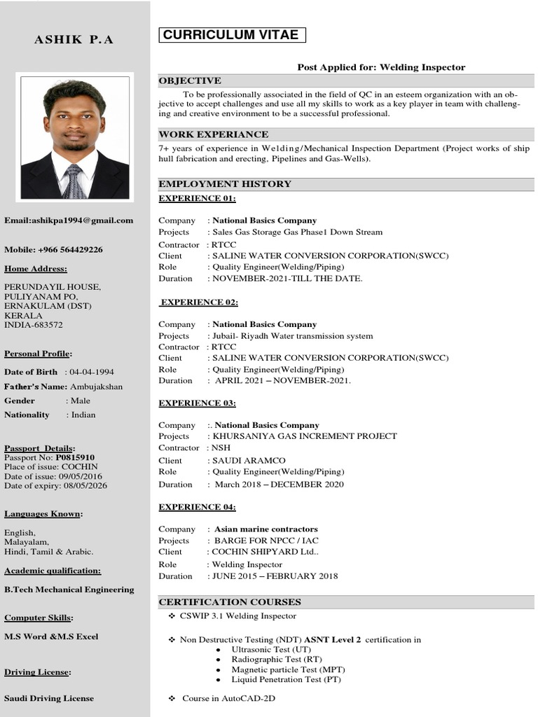 Ashik P.A (CV) Welding Inspector | PDF | Welding | Construction