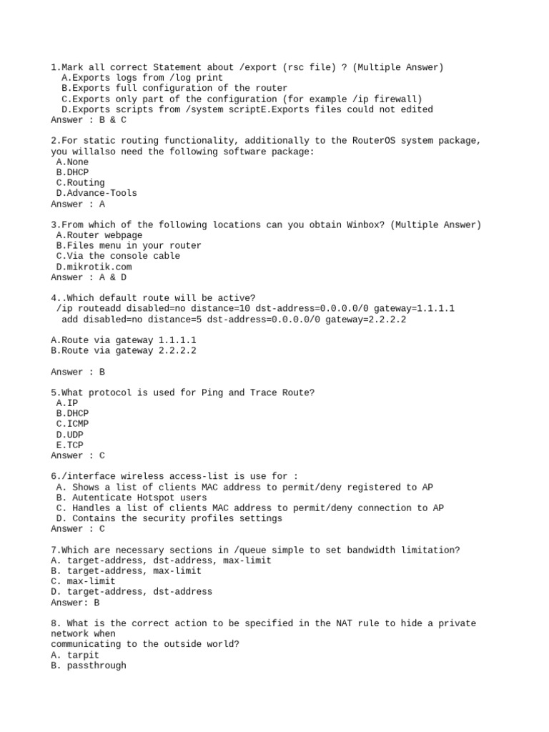 MTCNA Exam Questions and Answers | PDF | Ip Address | Router (Computing)