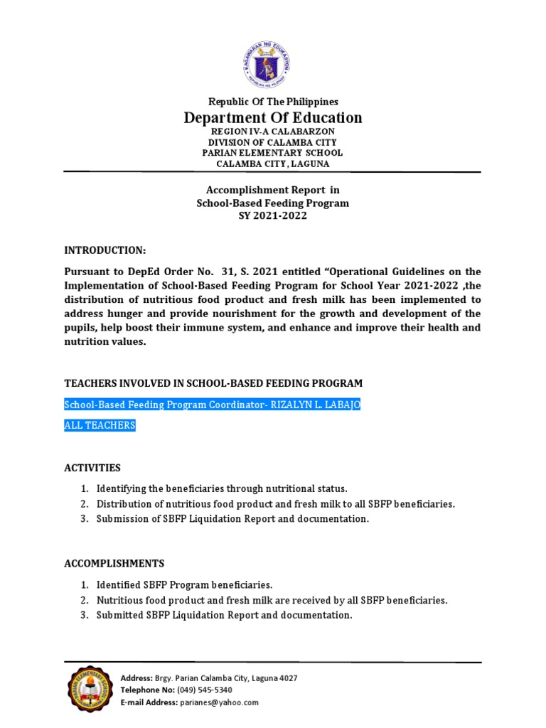 SBFP Accomplishment Report | PDF