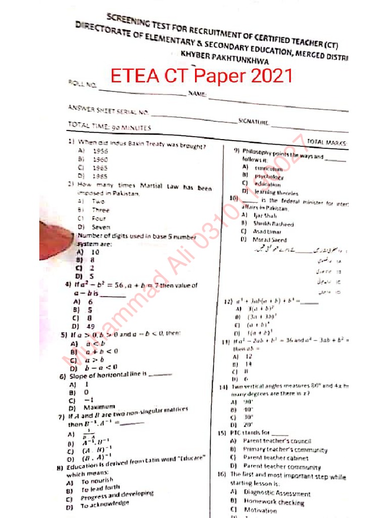 ETEA CT Past Papers by Muhammad Ali | PDF