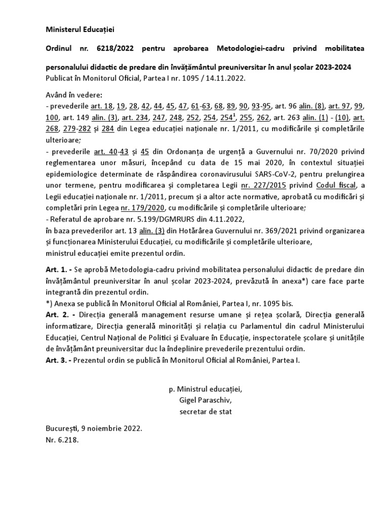 Ordinul NR 6218 2022 Pentru Aprobarea Metodologiei Cadru Privind Mobilitatea Personalului ...