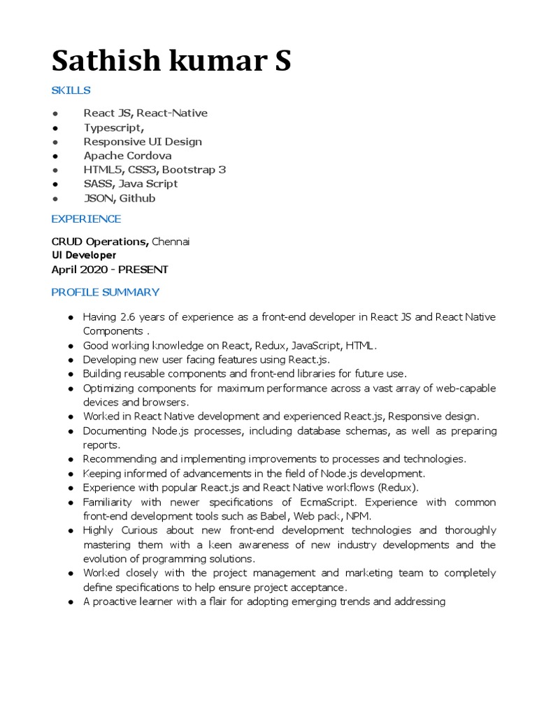 Sathish Kumar S - Resume | Download Free PDF | Java Script | World Wide Web