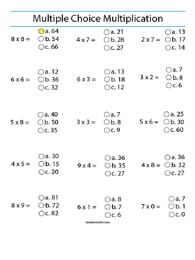 Multiple Choice Multiplication Math Worksheet - Twisty Noodle | PDF