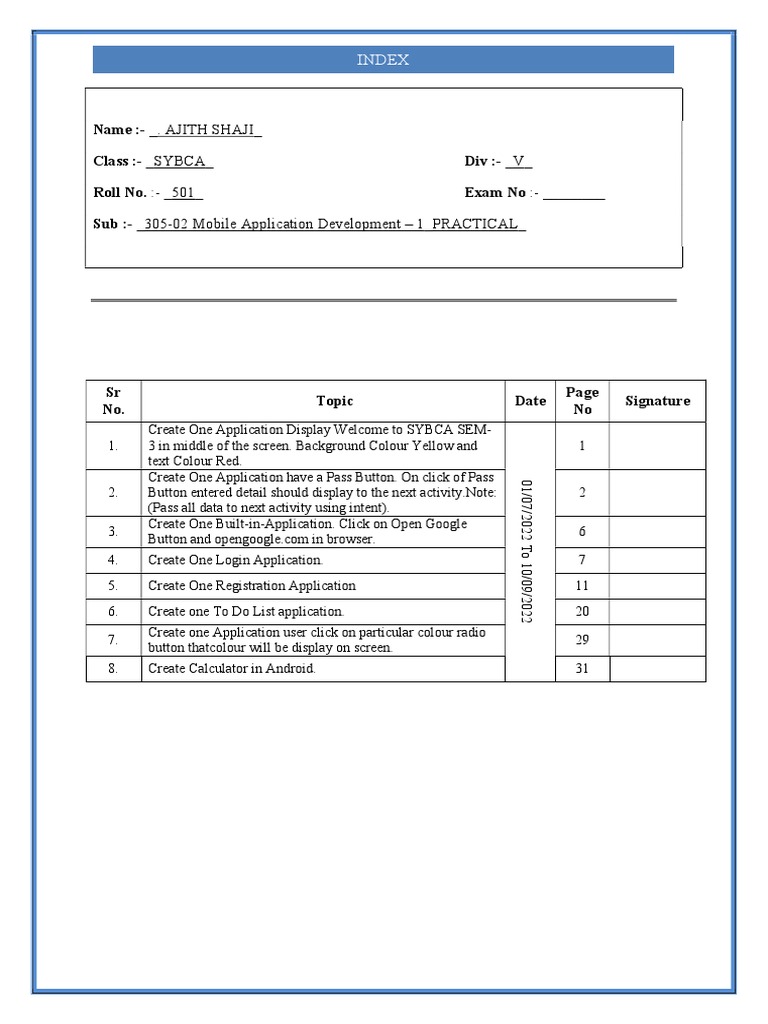 INDEX 305-02 Mobile Application Development - 1 | PDF
