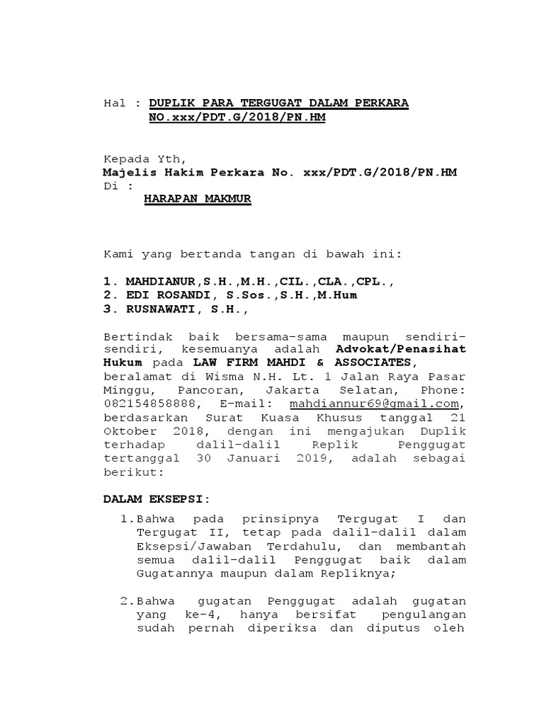 Contoh Duplik Tergugat | PDF