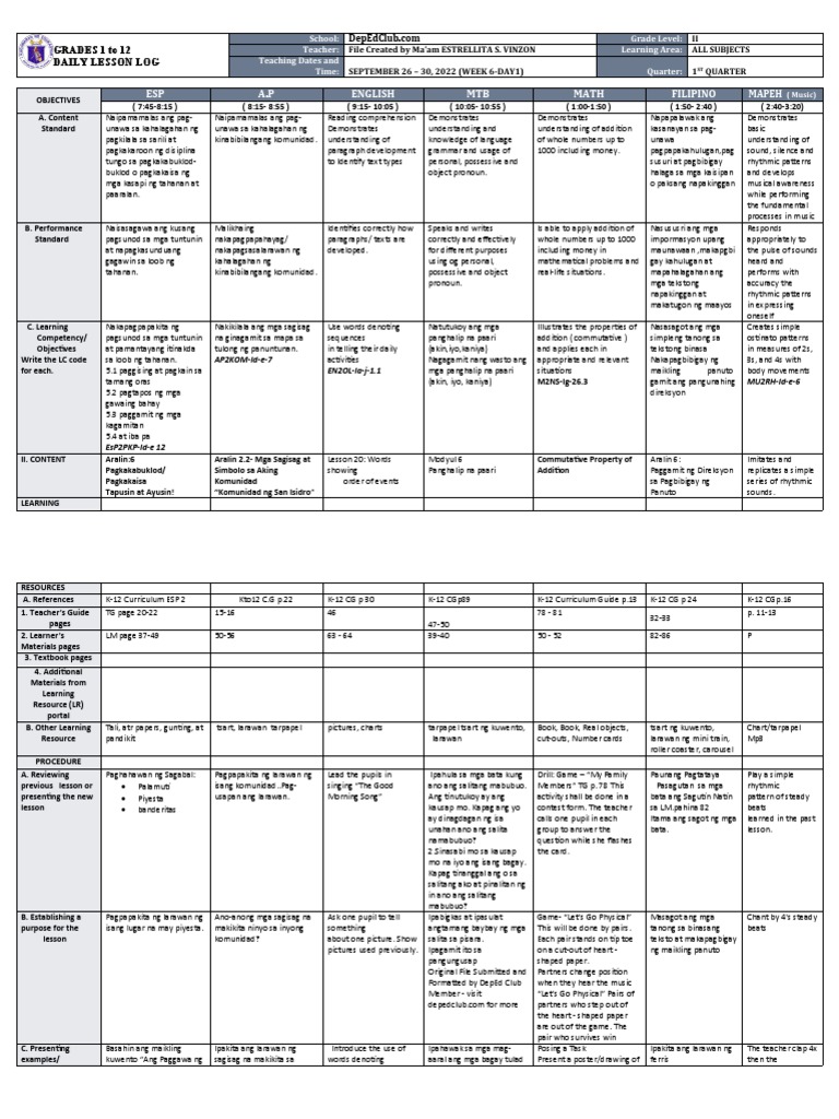 Grade 2 Daily Lesson Log Week 6 | PDF