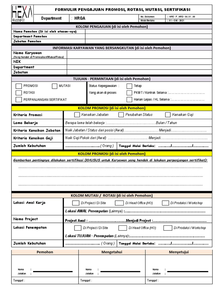 Formulir Pengajuan Promosi Mutasi, Rotasi, Reward (Hpe - F HRD - 04. 01 ...