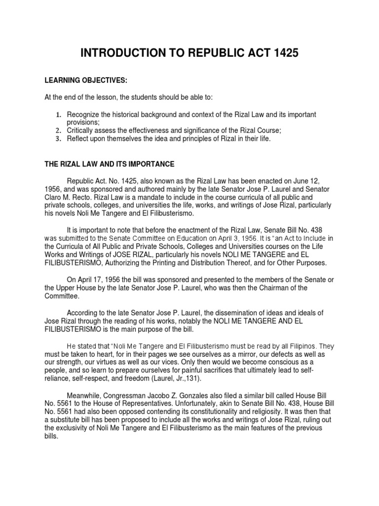 Lesson 1 Introduction To Republic Act 1425 | PDF