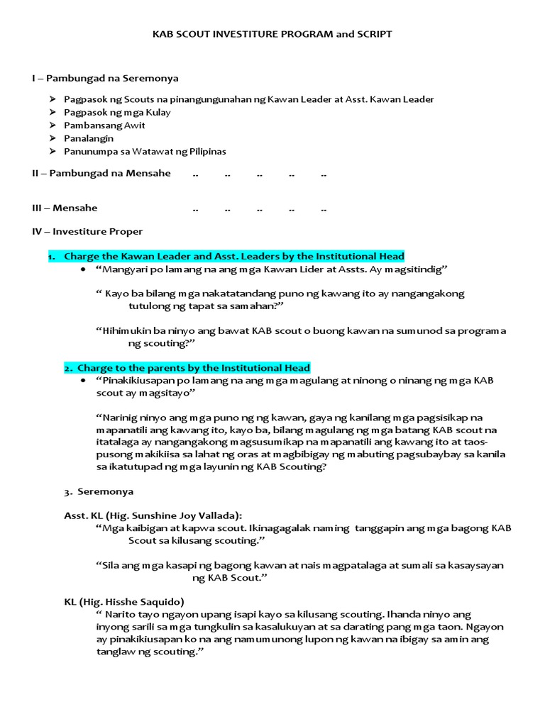 KAB SCOUT INVESTITURE PROGRAM and SCRIPT | PDF