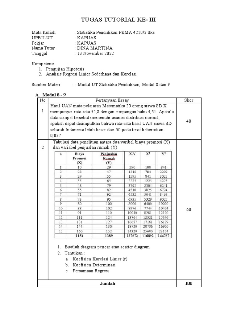 Tugas Tutorial Ke 3 Statistika Pendidikan | PDF Tugas Tutorial Ke 3 Statistika Pendidikan | PDF