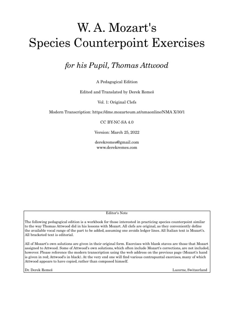 Mozart Attwood Species Counterpoint Edition V1 | PDF