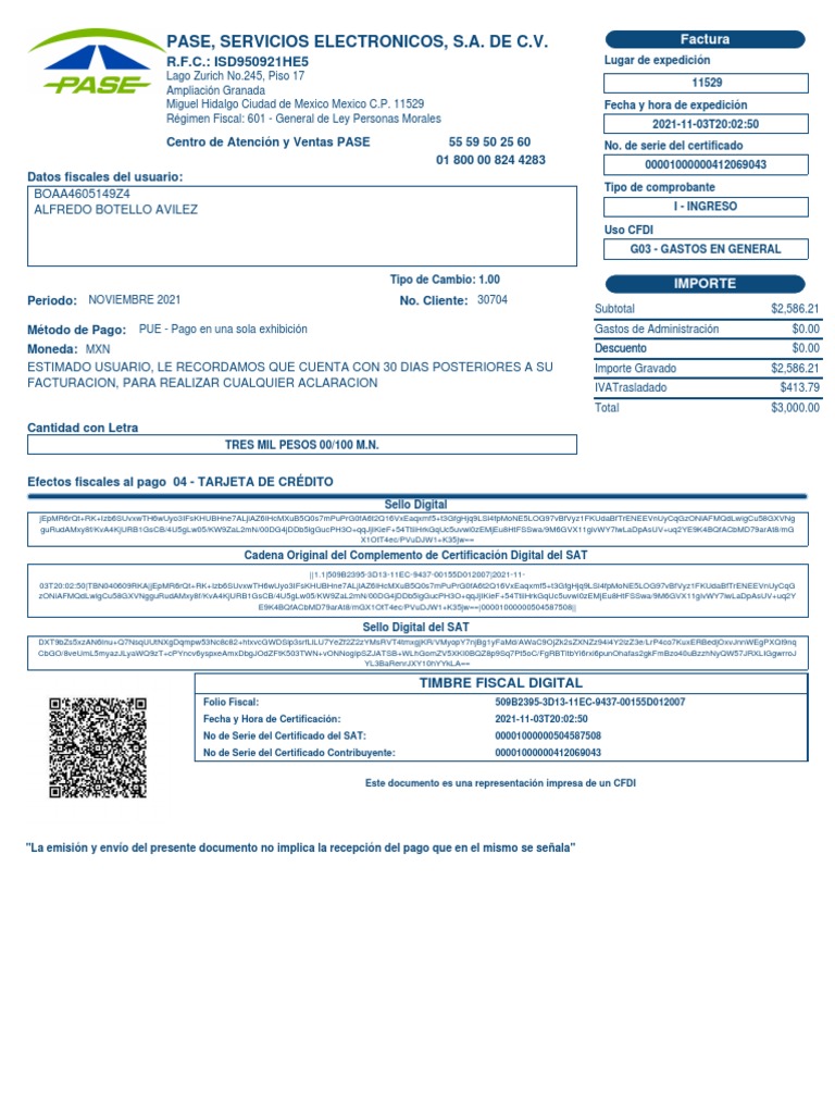 Pase, Servicios Electronicos, S.A. de C.V.: R.F.C.: ISD950921HE5 | PDF ...