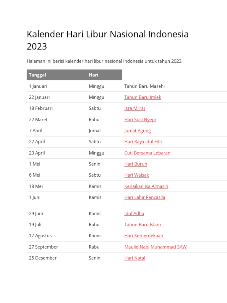 Kalender Libur Nasional 2023 | PDF