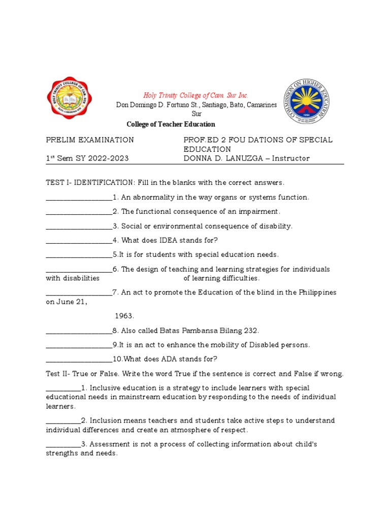 Prelim Examinationprofed 2 Sped | PDF | Inclusion (Education) | Special ...