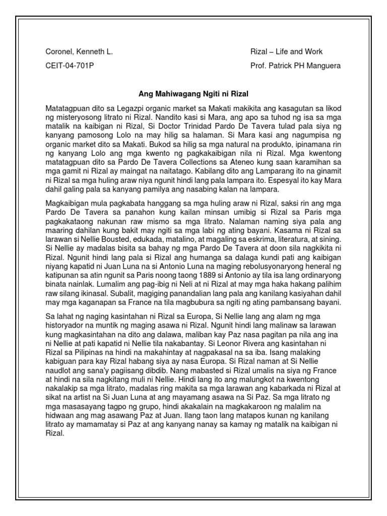 Coronel - Reflection Paper (Ang Mahiwagang Ngiti Ni Rizal) | PDF