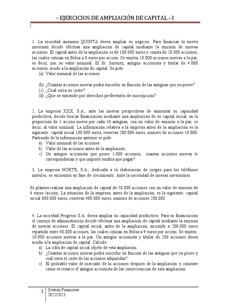 Enunciados Ejercicios Resueltos Ampliación De Capital Pdf